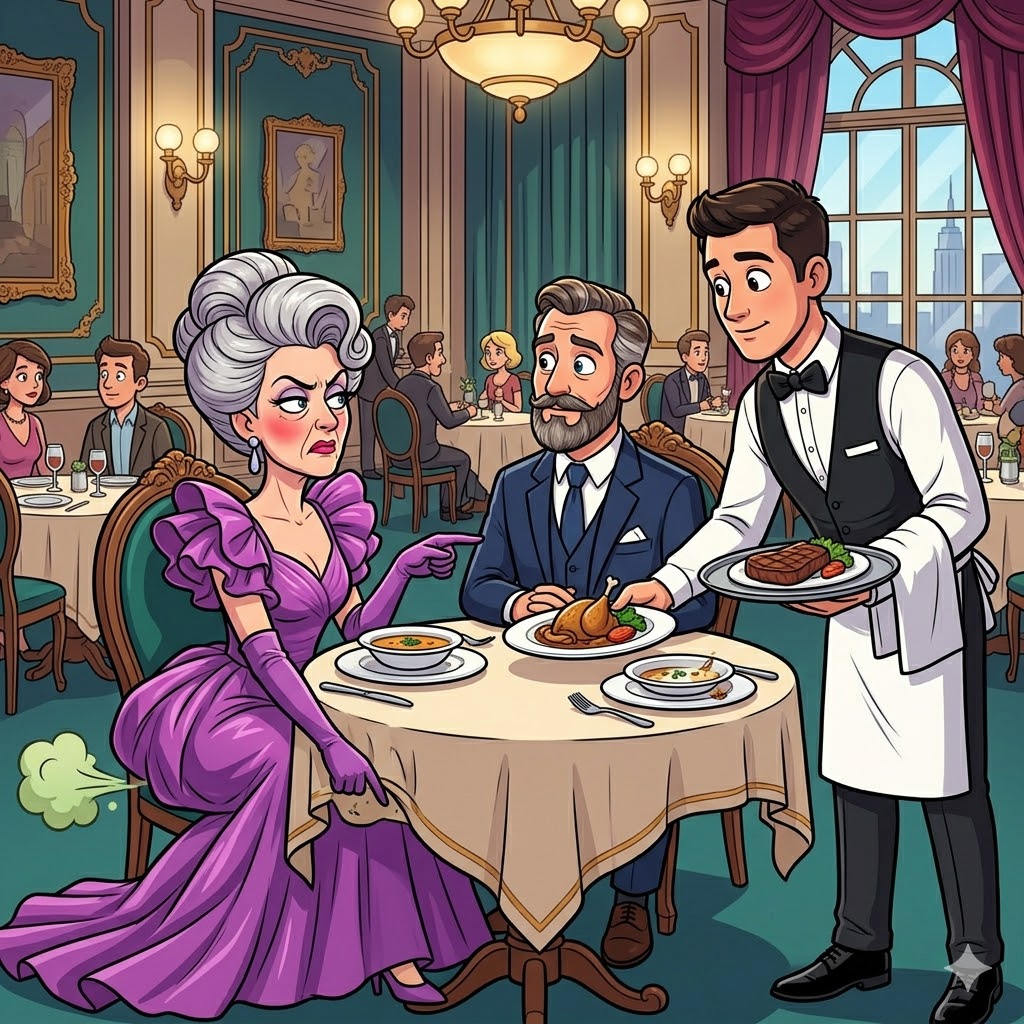 A stuffy matron is with a new man in a top restaurant. - Funny Good Stories